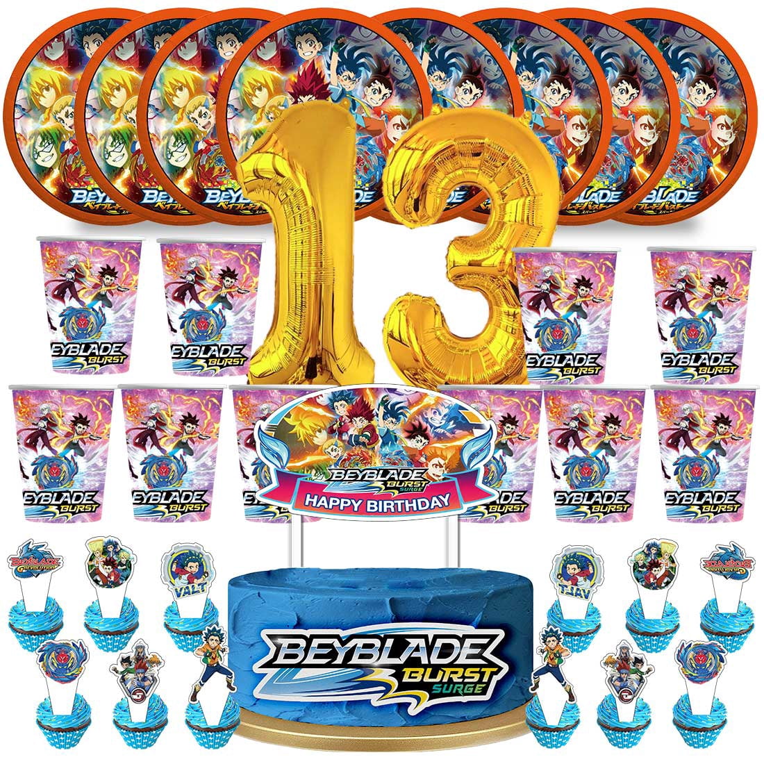 Beyblade Birthday 13th Cups Party Supplies Plates Fans Decorations Cake ...