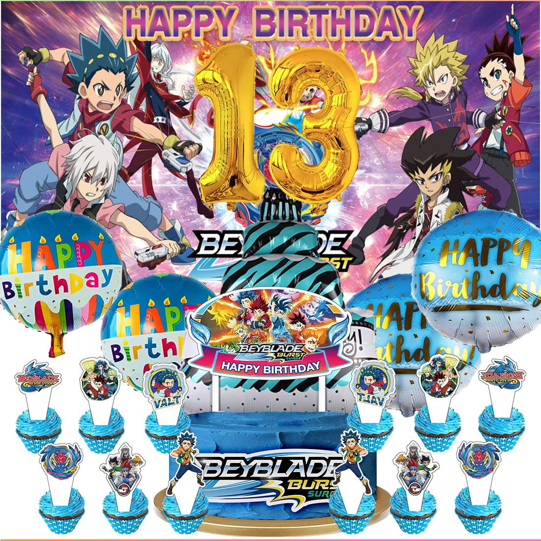Beyblade Party Supplies Decor 13th Kit Balloons Birthday Cake Topper ...