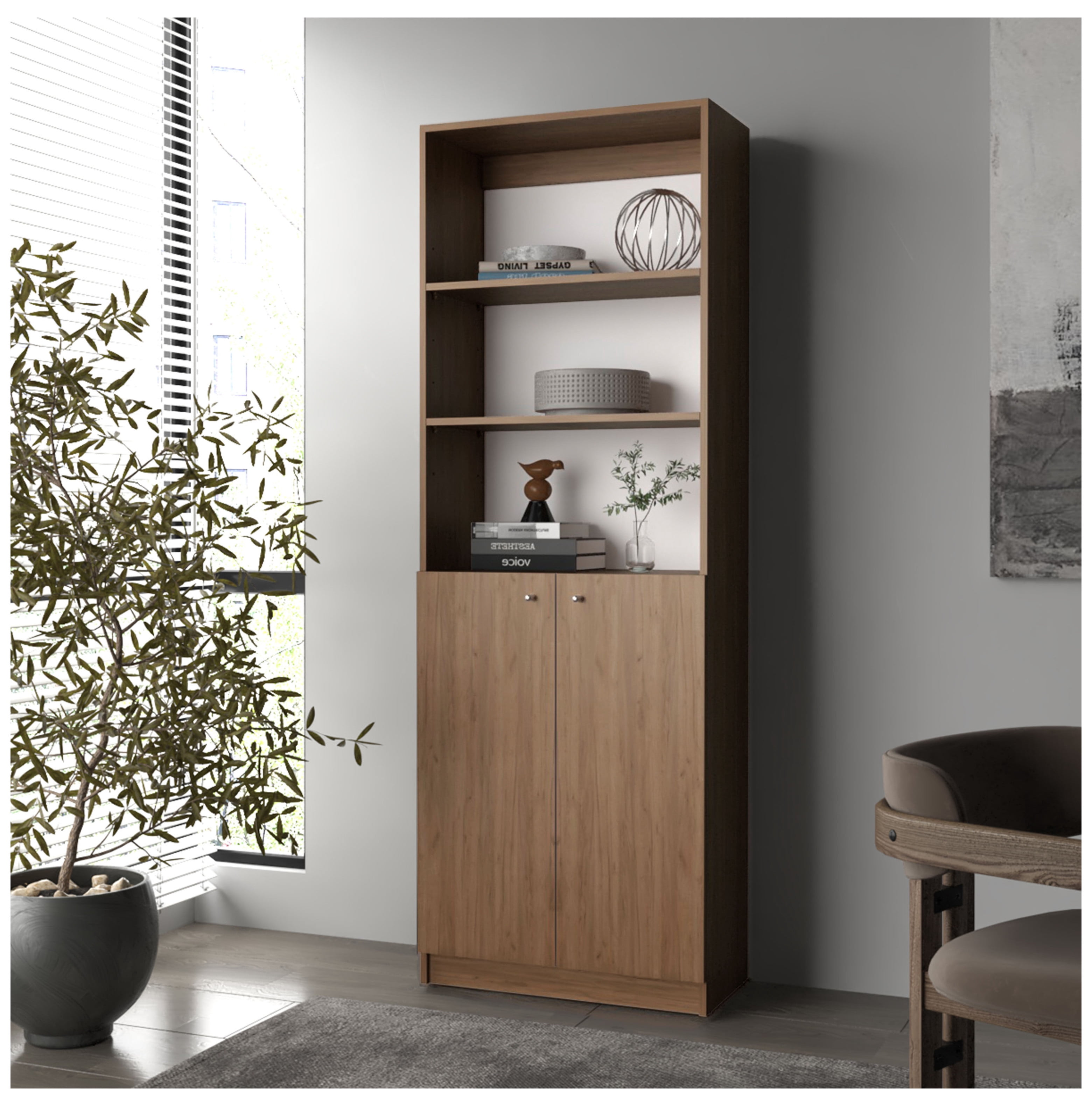 Beyerville Bookcase with Open Storage and 2 Doors, Natural Oak and ...