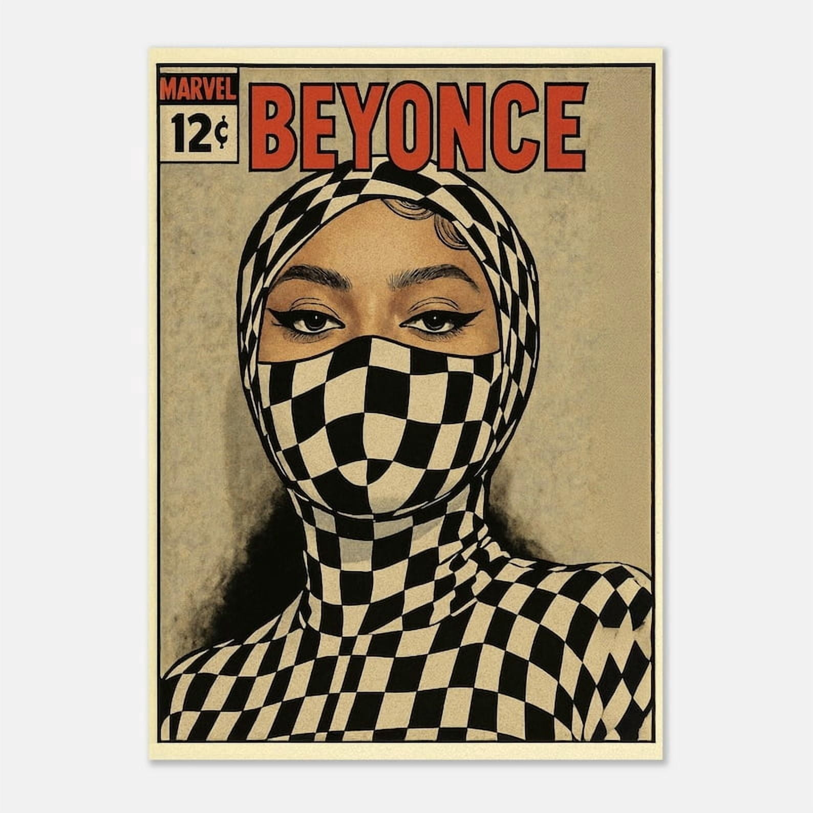 Beyoncé Retro Comic Poster, Checkerboard Mask Art Print, Marvel Style ...