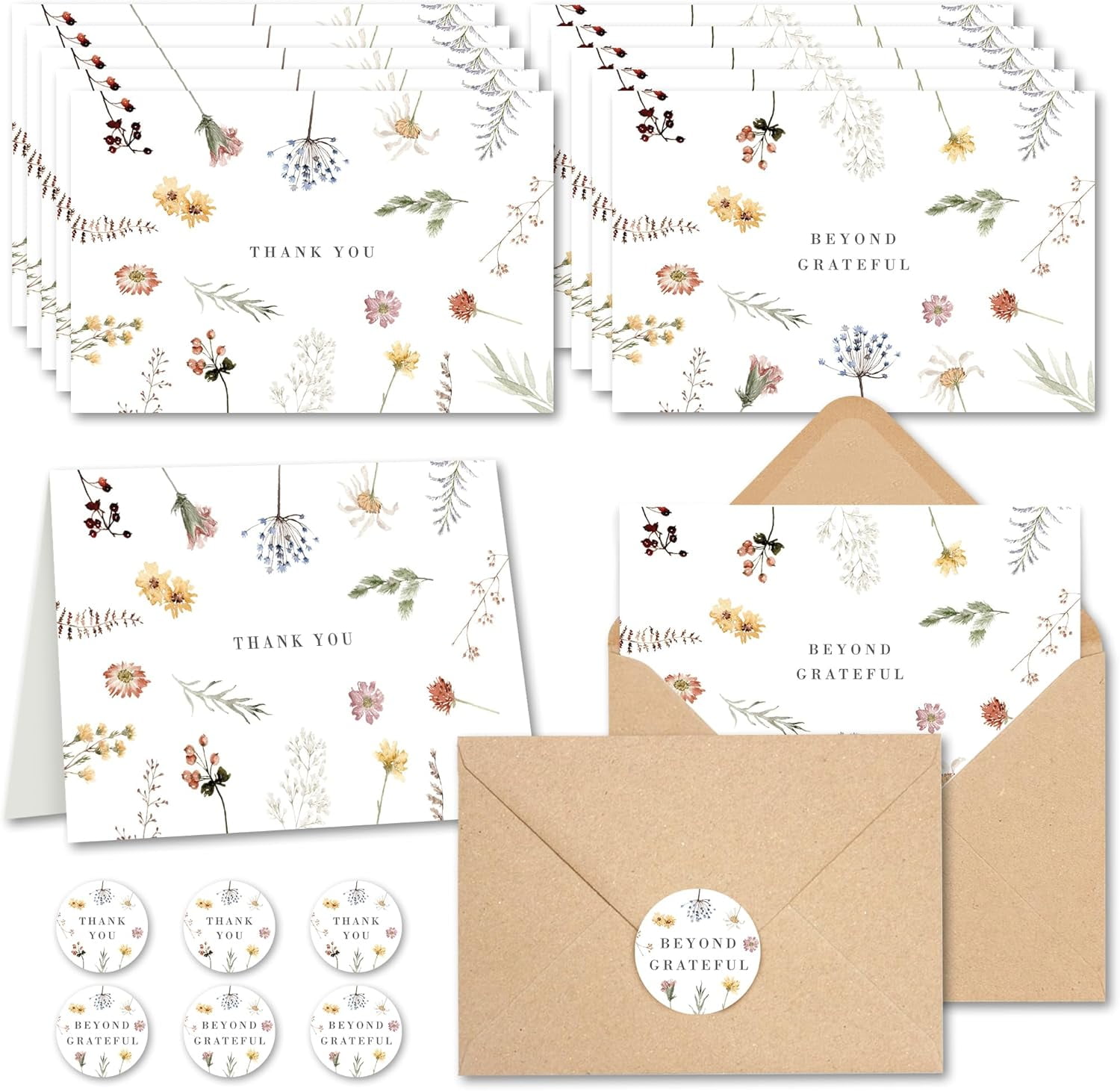Beyond Grateful Cards with Envelopes (20 Pack 4"x6") - Floral Thank You ...