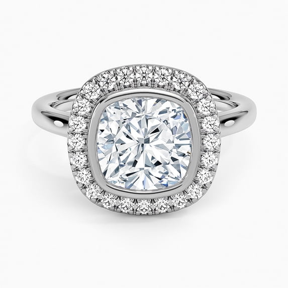 Bezel Set Cushion Cut Diamond Ring, Halo Diamond Engagement Ring ...