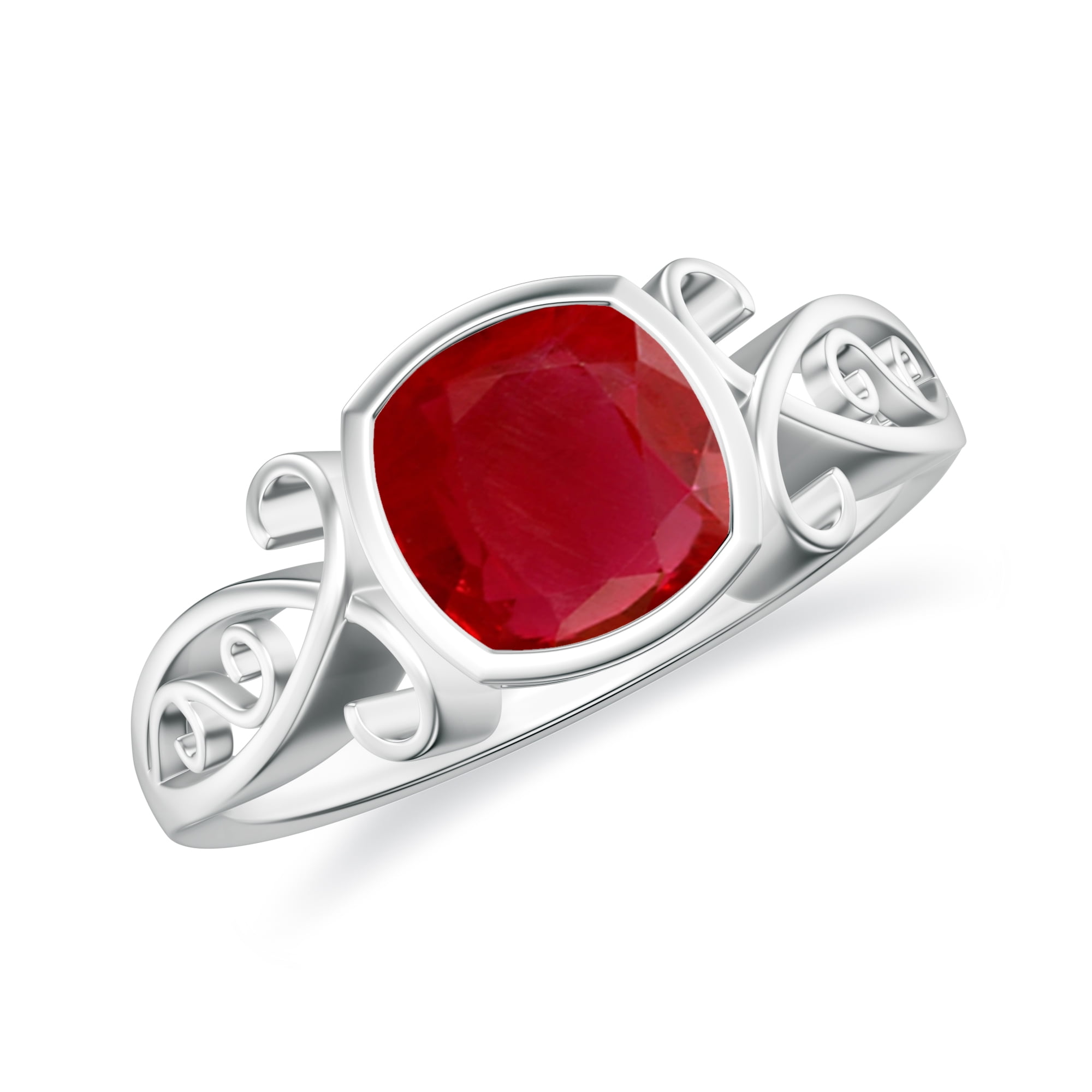 Bezel Set Cushion Shaped Ruby Solitaire Engagement Ring in 925 Sterling ...