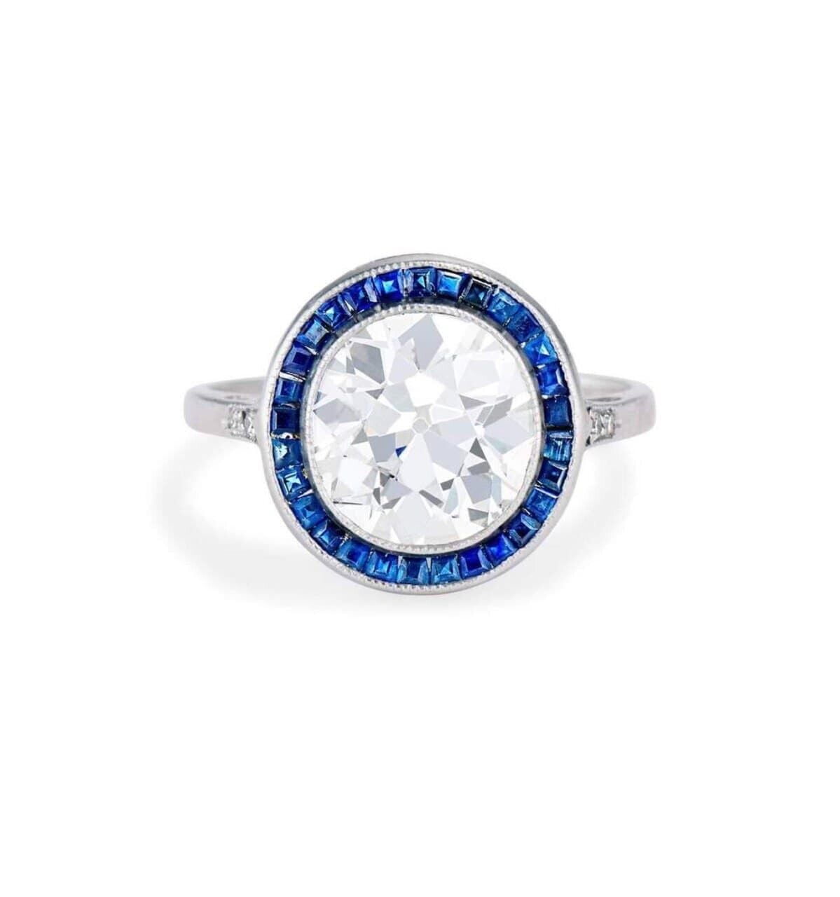 Bezel Set Diamond Ring, Blue Sapphire Halo Diamond Engagement Ring, Art ...