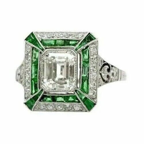 Bezel Set Emerald Cut Diamond Engagement Ring, Baguette Cut Green ...