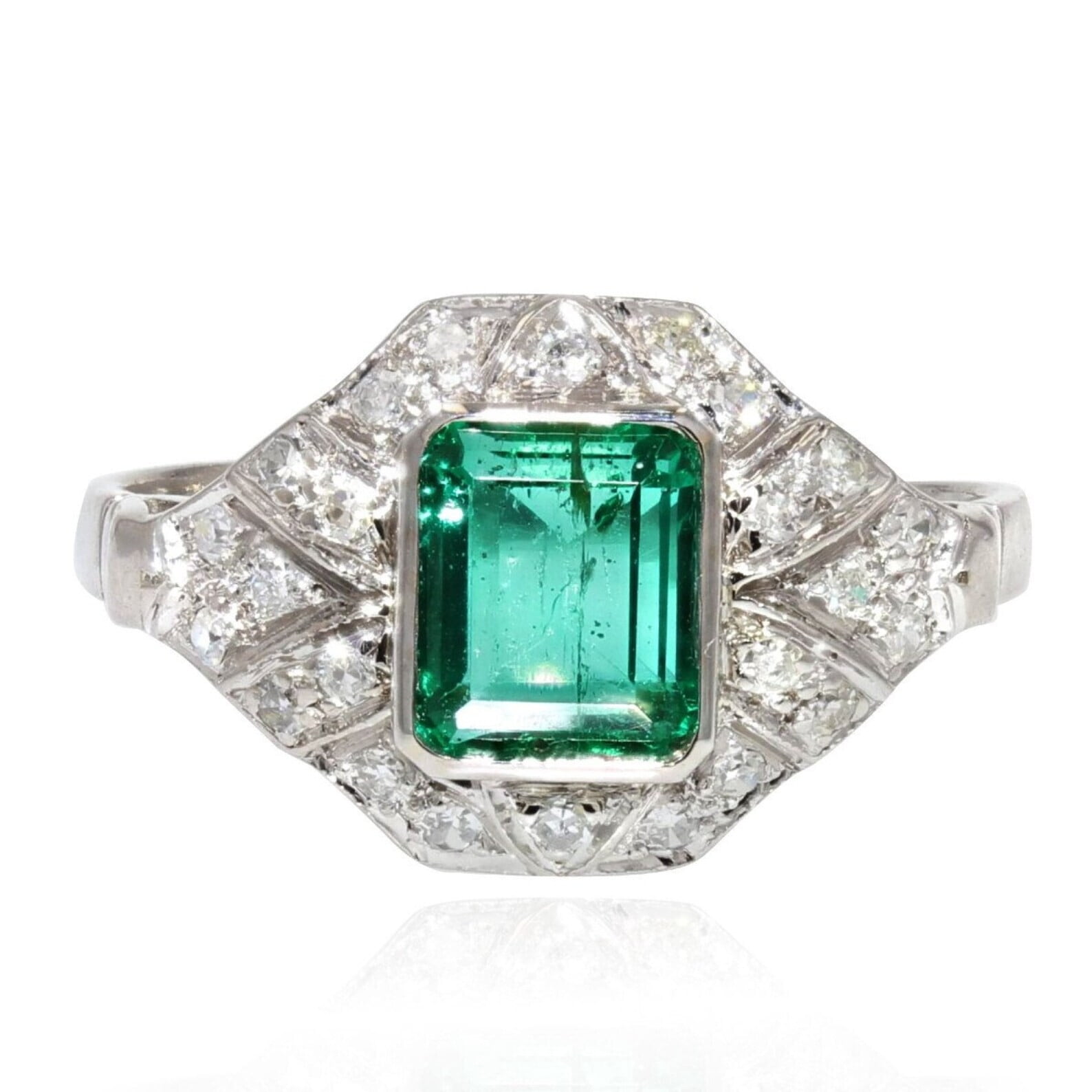Bezel Set Emerald Diamond Ring, Green Emerald Cut Vintage Diamond Ring ...