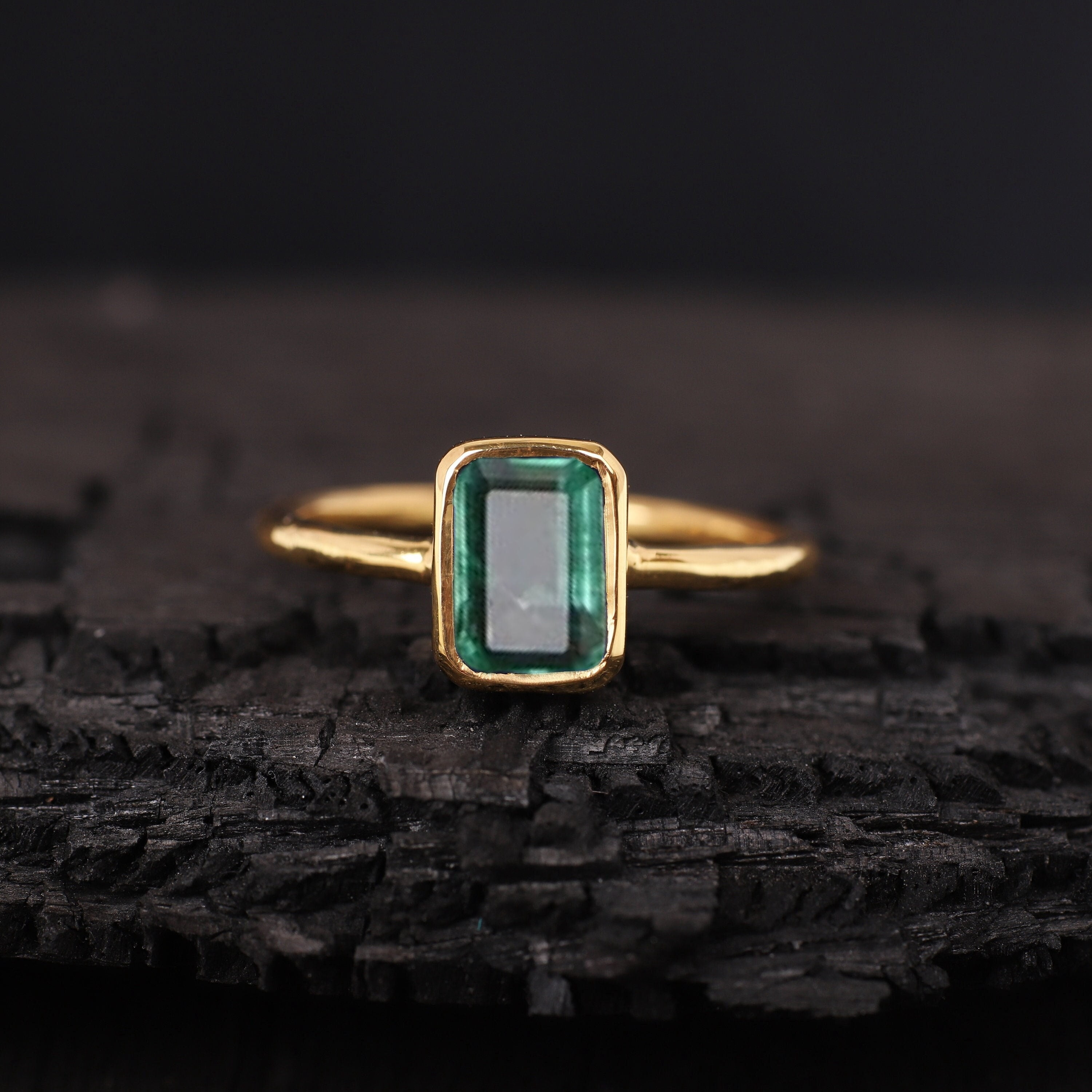 Bezel Set Emerald Wedding Ring Women Stacking Jewelry 18K Solid Gold ...