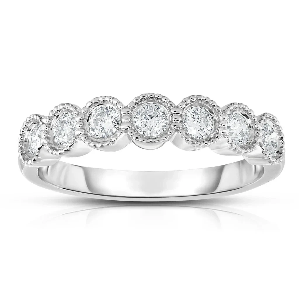 Bezel Set Half Eternity Wedding Ring, Seven Stone Milgrain Engagement ...
