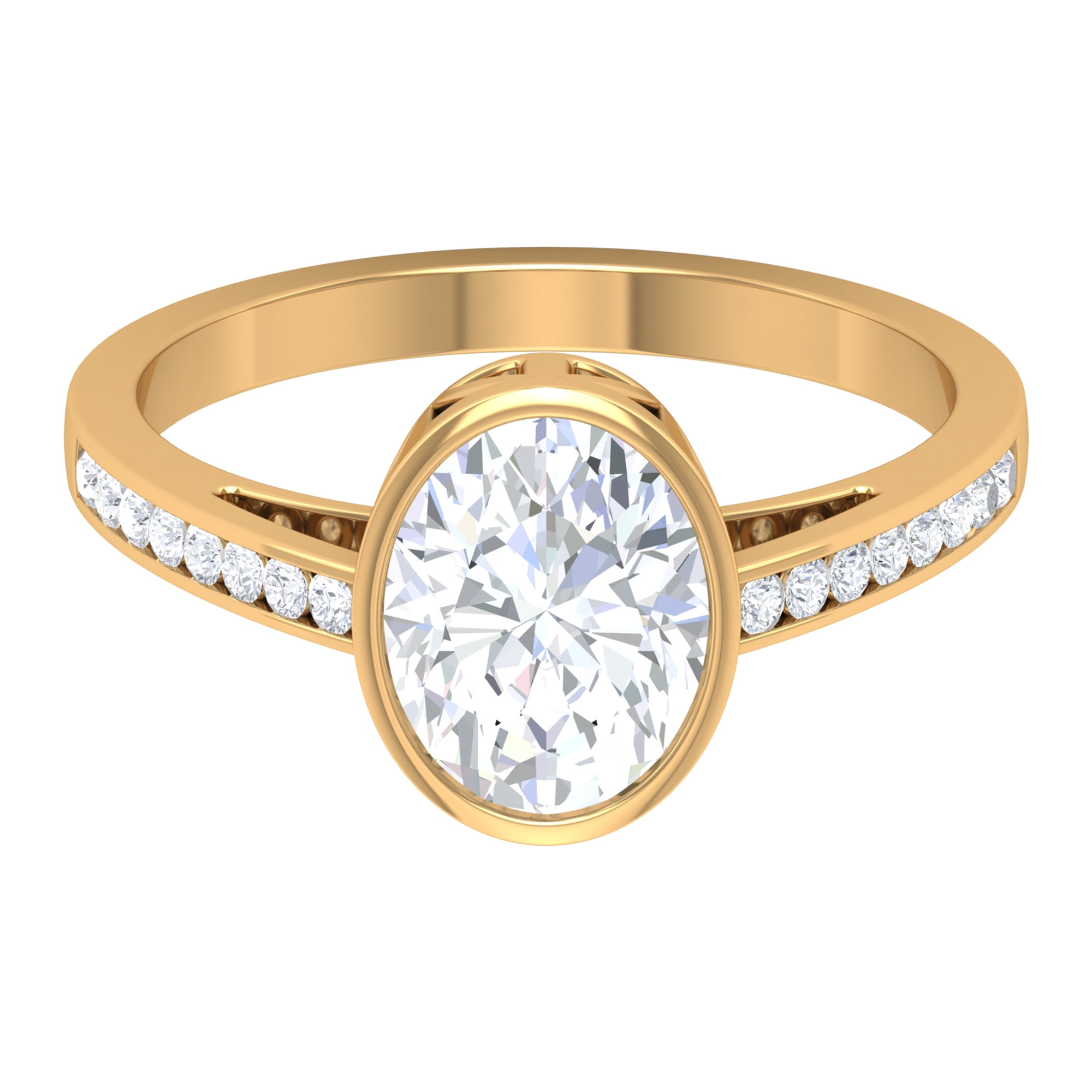 Bezel Set Moissanite Solitaire Engagement Ring - 7X9 mm Oval - 2 Ct - D-VS1 Quality, 14K Yellow ...
