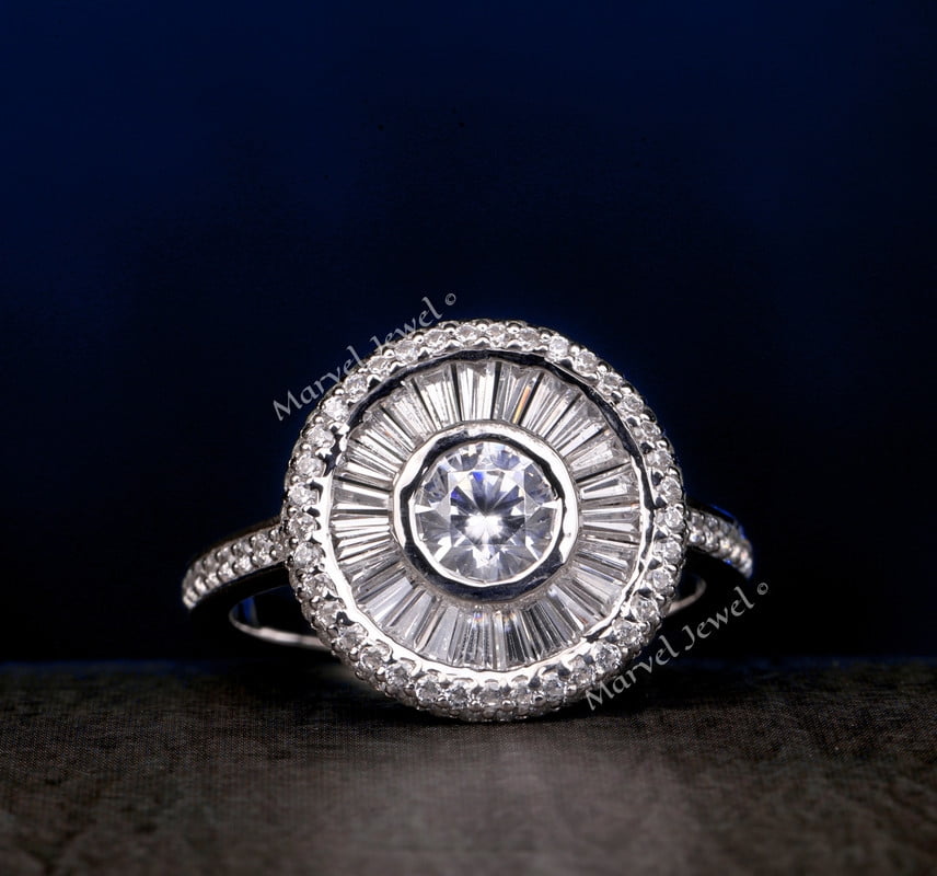 Bezel Set Ring, Double Halo Diamond Wedding Ring, Baguette Halo Diamond Ring, Solitaire With ...