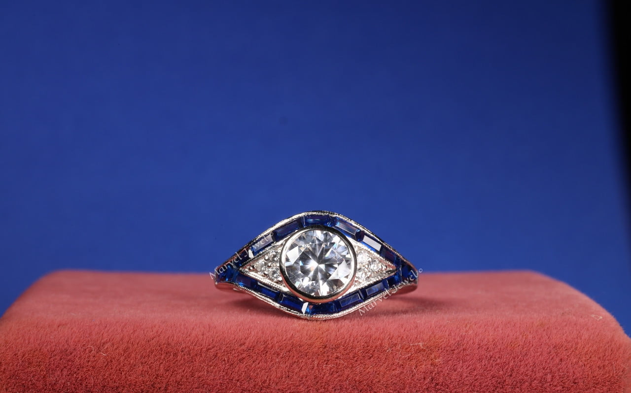 Bezel Set Round Diamond Ring, Evil Eye Shape Engagement Wedding Ring ...