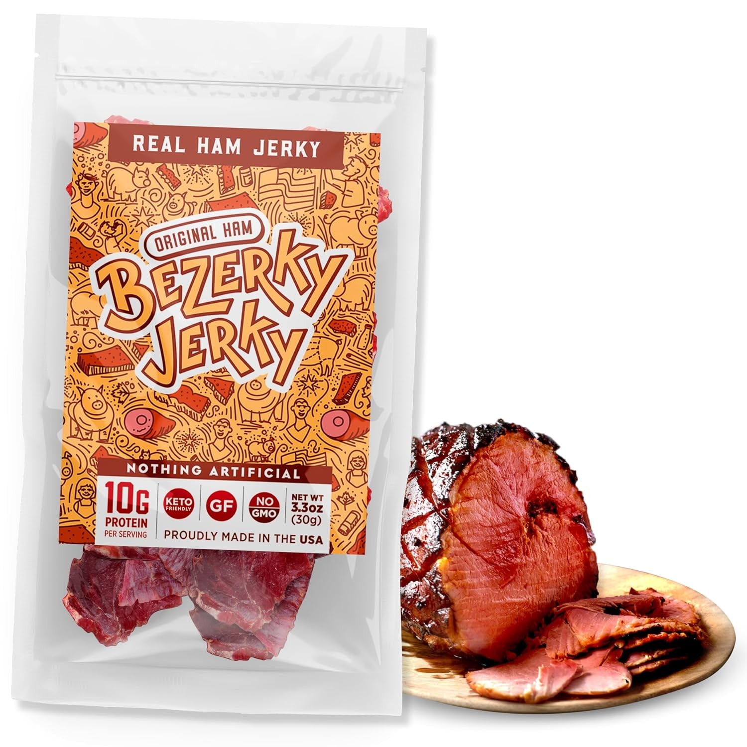 Bezerky Jerky All-Natural Premium Ham Jerky, Keto-Friendly, Made in the ...