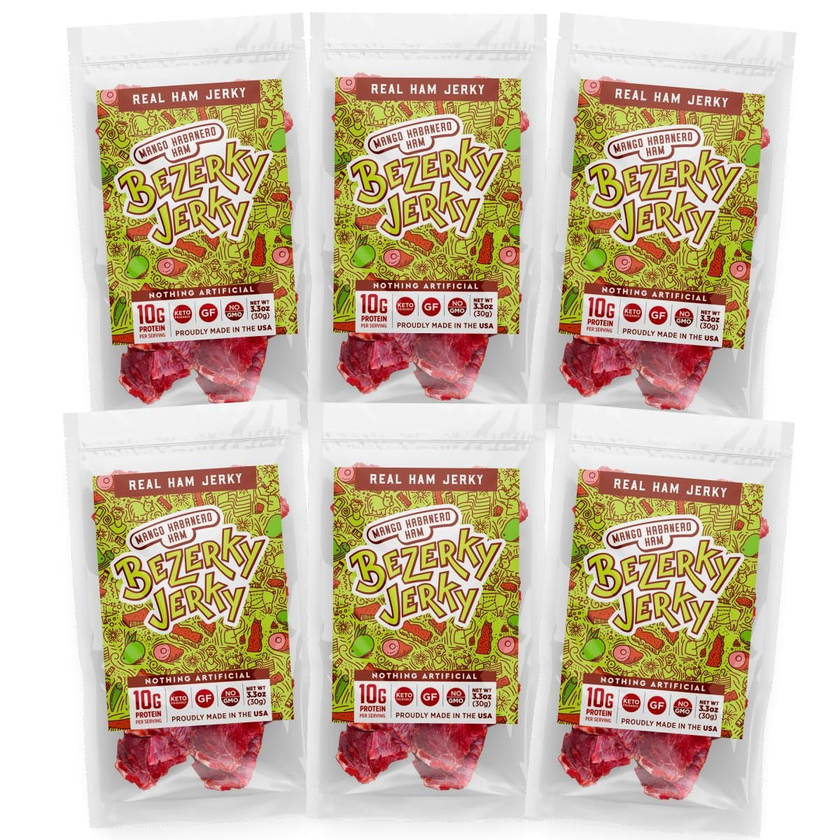 Bezerky Jerky Premium Ham Jerky, Keto-Friendly, Made in the USA, Hot 'n ...