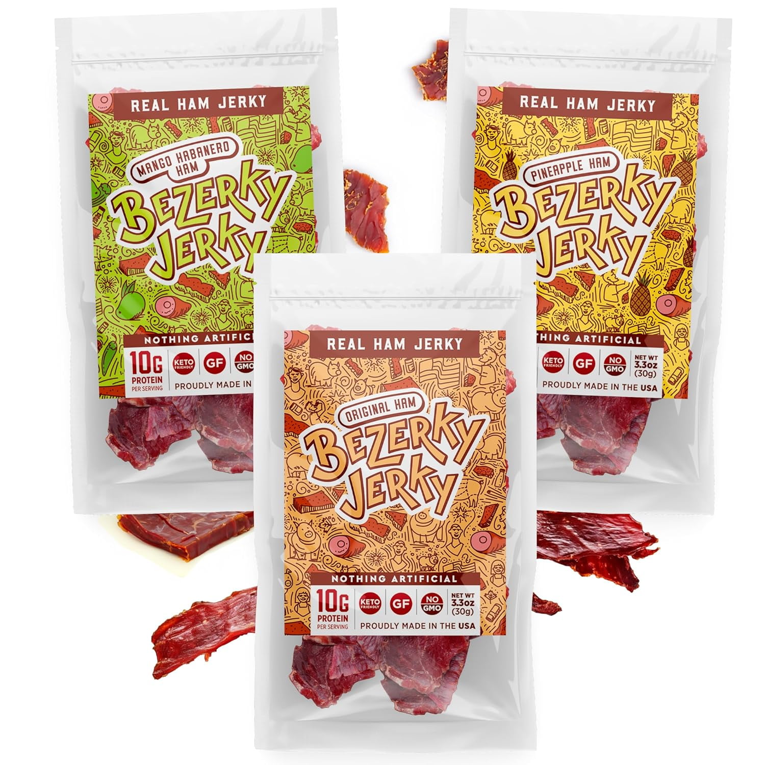 Bezerky Jerky Variety Pack, American Ham Jerky, Made with Premium Meat ...