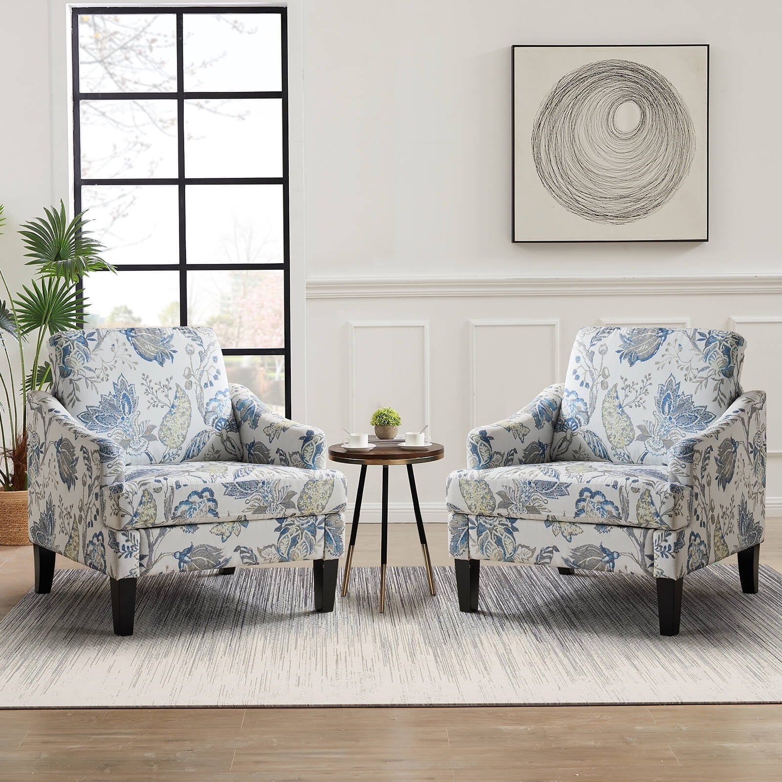 Bezseller Floral Accent Chair Set of 2, Upholstered Armchair with Solid ...