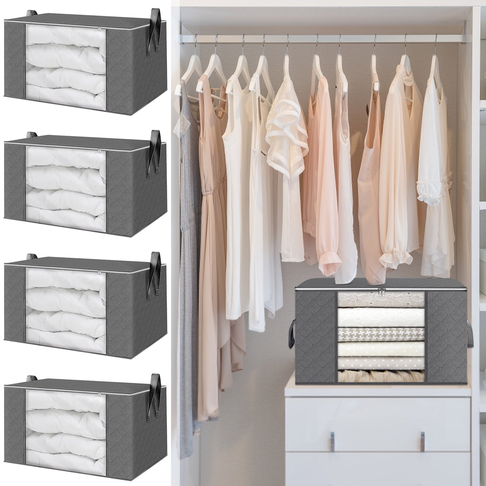 Bfantian 90L Space Saving Wardrobe Box Set Of 4 With Zipper, Foldable ...