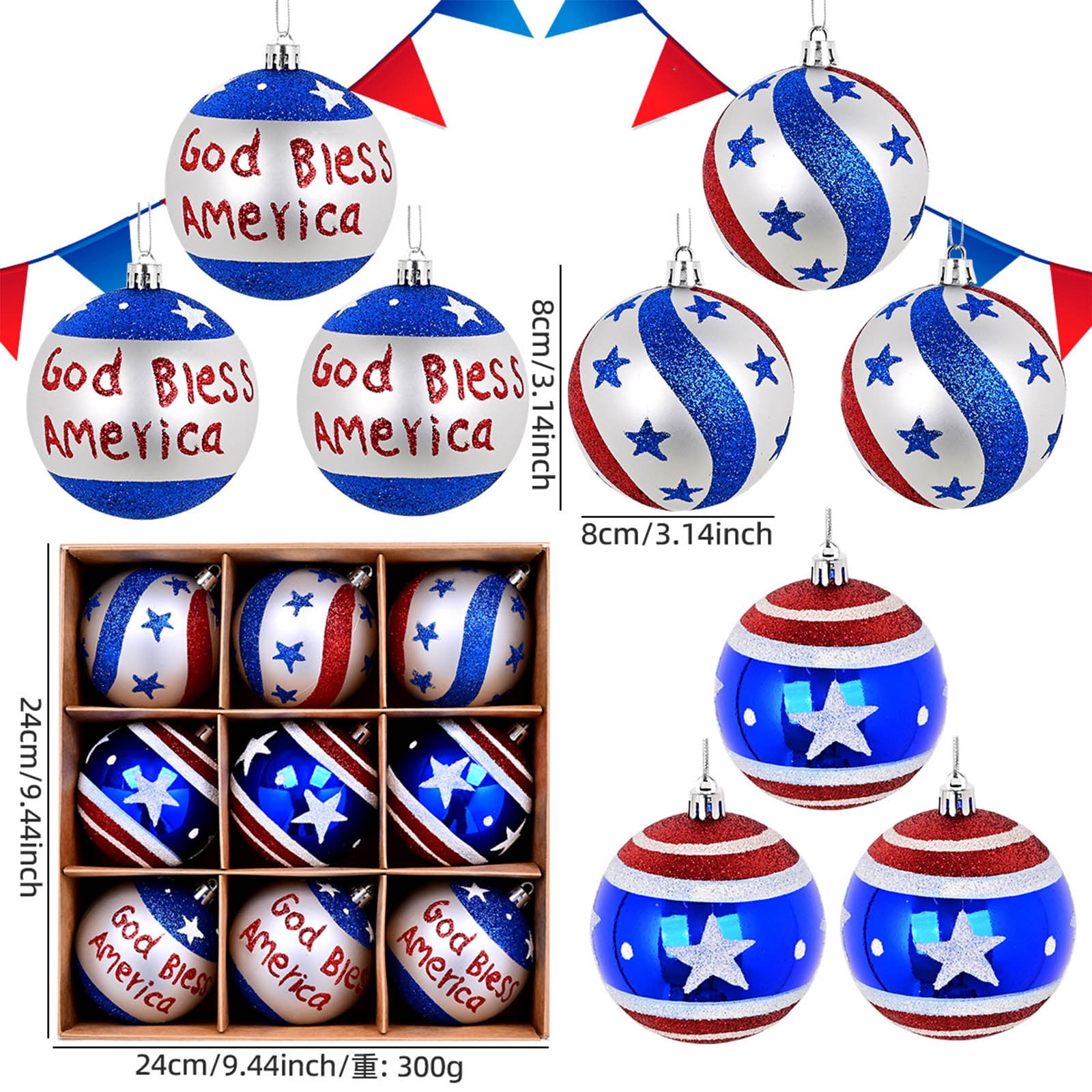 Bfogop 9 Pcs Independence Day Ball Ornament - 4th of July Patriotic ...