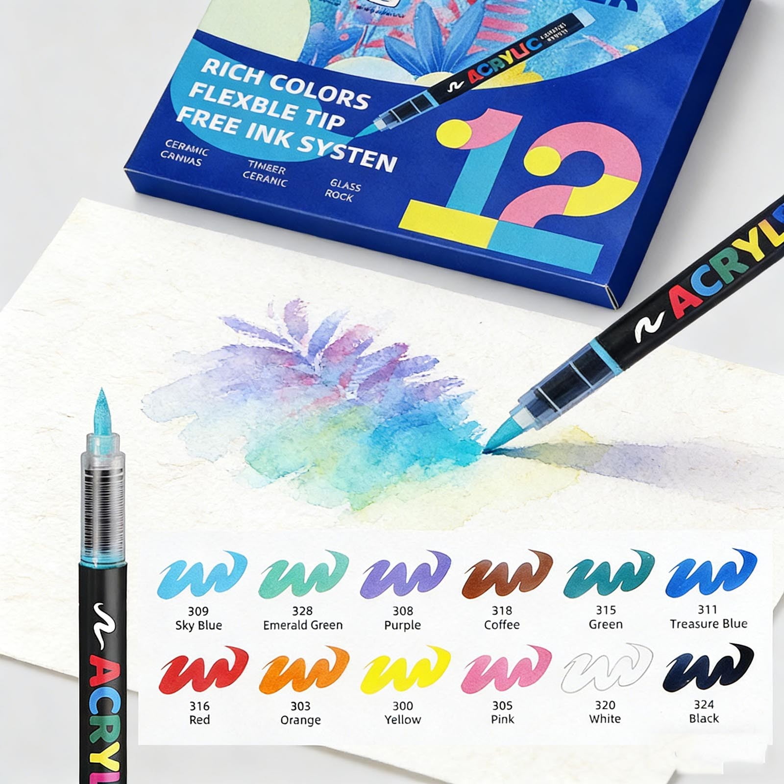 Bfogop Acrylic Paint Markers Brush Tip, 12 Vivid Colors with Direct ...