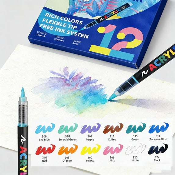 Bfogop Acrylic Paint Markers Brush Tip, 12 Vivid Colors with Direct ...