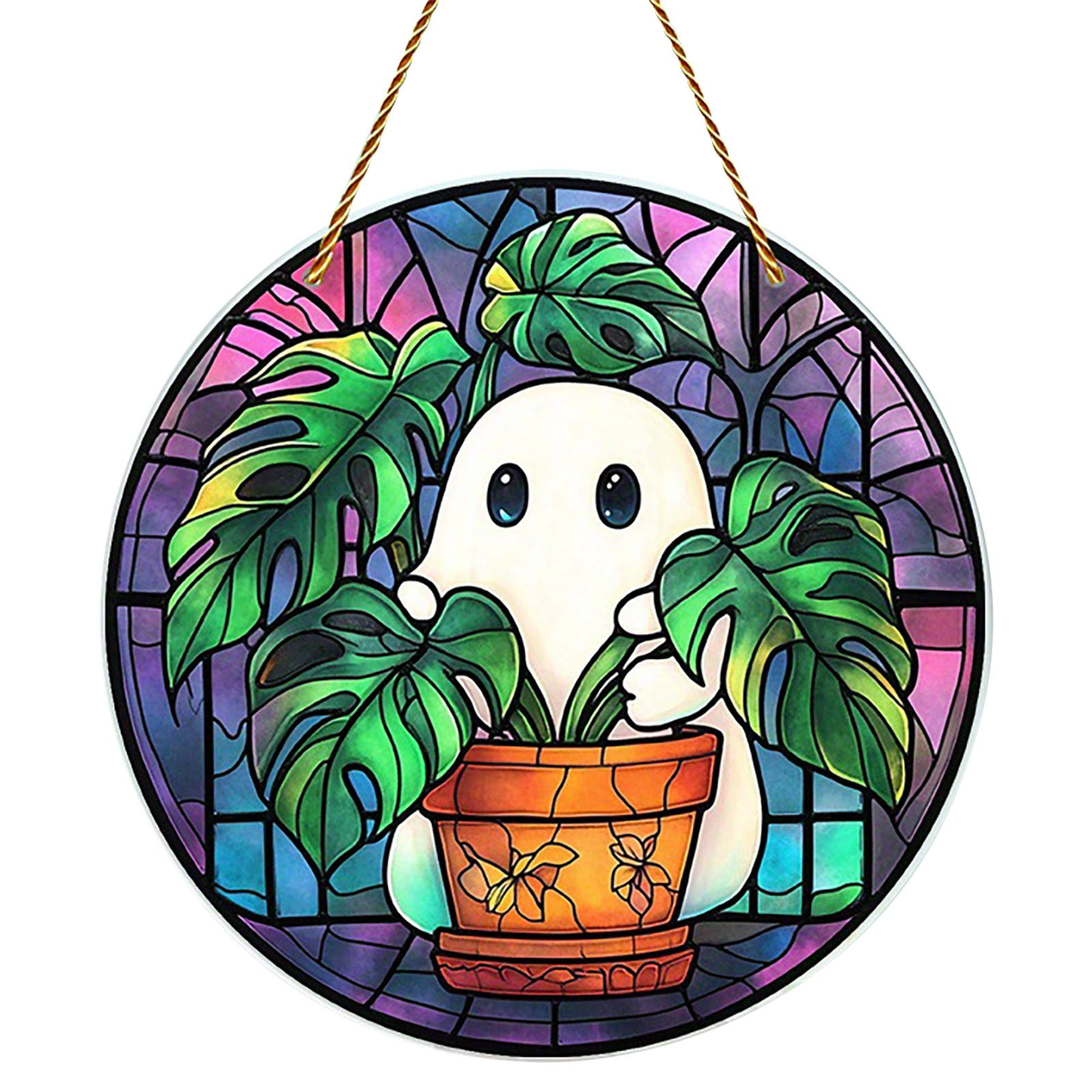 Bfogop Halloween Ghost with Monstera Plants Acrylic Window Hanging ...