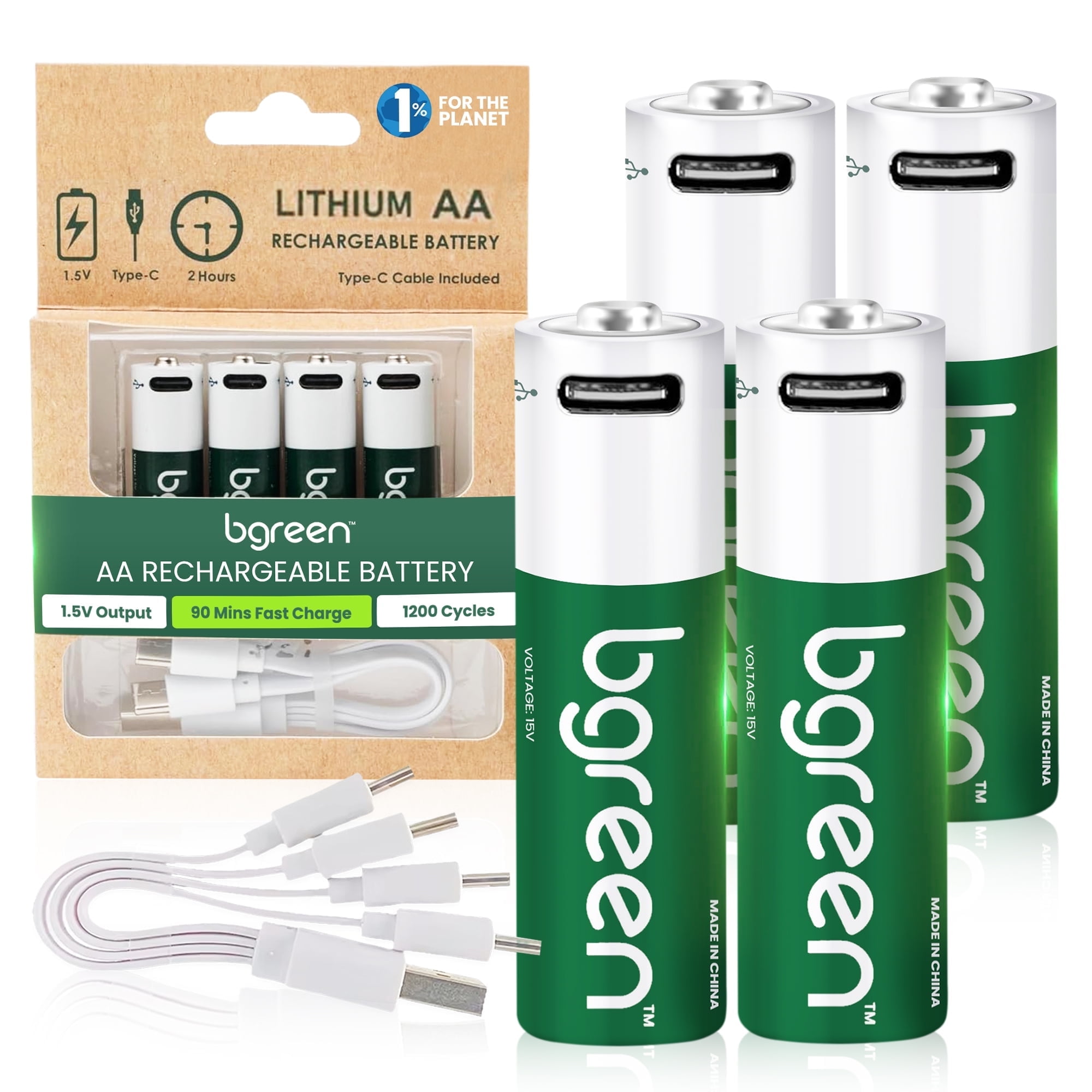 Bgreen AA Battery 1.5V Lithium Ion 3400mAh Double A Rechargeable ...