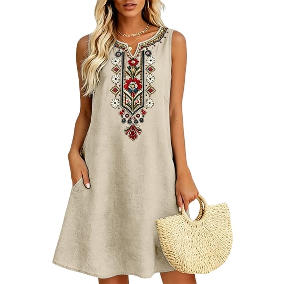 Bgstyu Women's Mexican Embroidered Tank Dress Boho Sleeveless V Neck ...