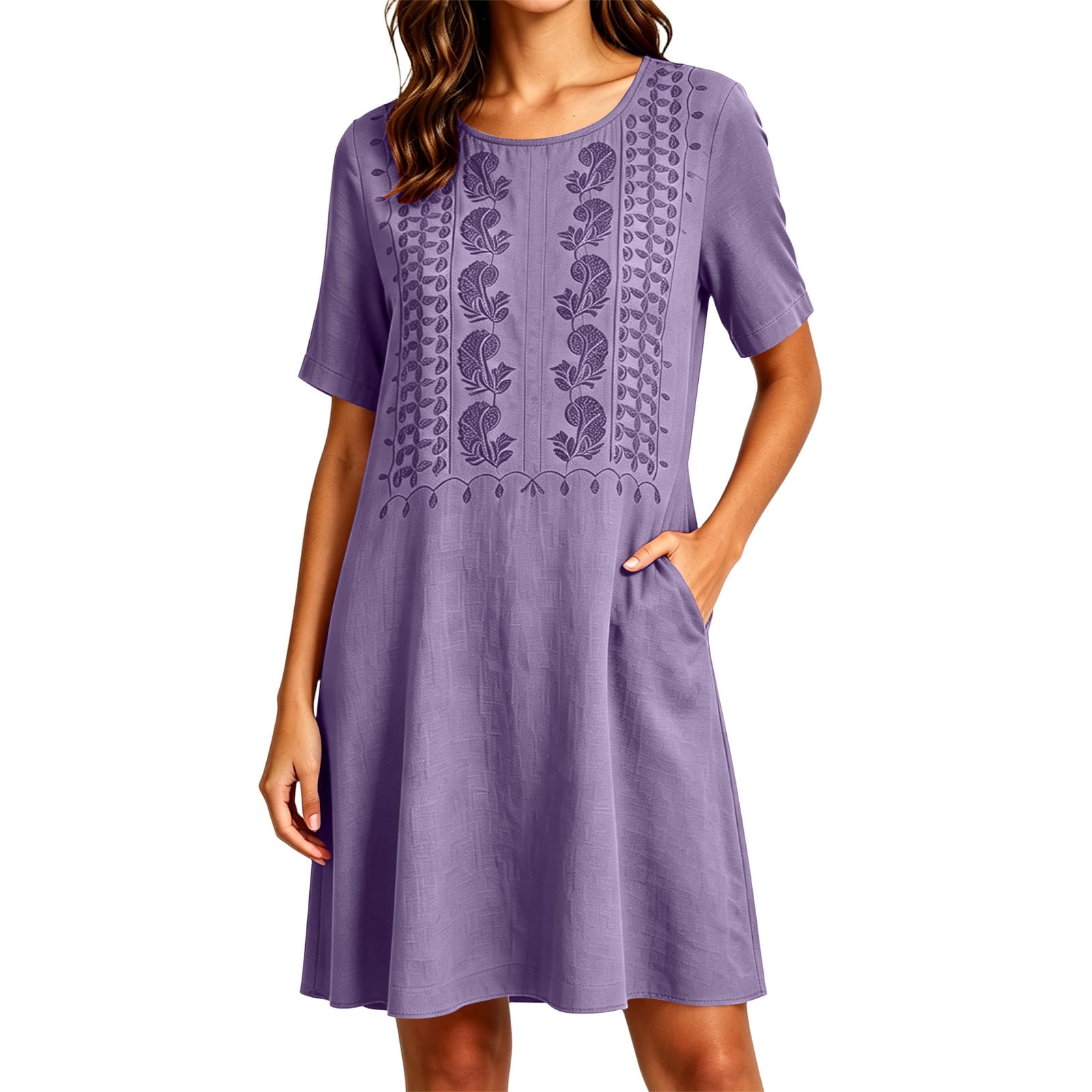 Bgstyu Womens Floral Embroidered Dress Summer Linen Dress Casual Floral ...