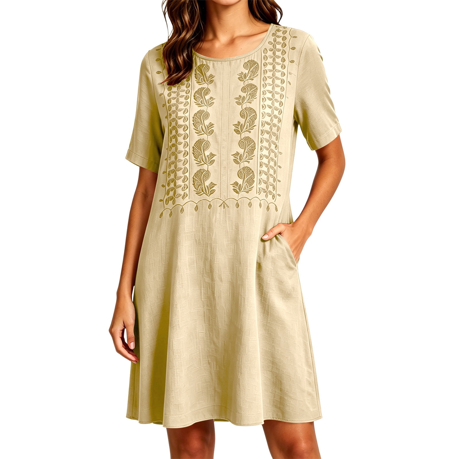 Bgstyu Womens Floral Embroidered Dress Summer Linen Dress Casual Floral ...