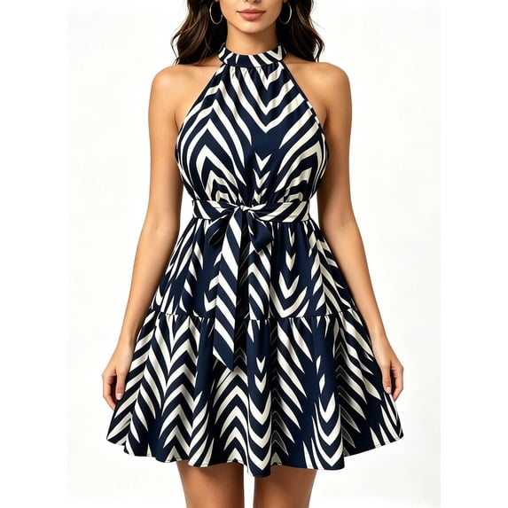 Bgstyu Womens Summer Halter Neck Dresses Elegant Geo Print Belted Flowy ...