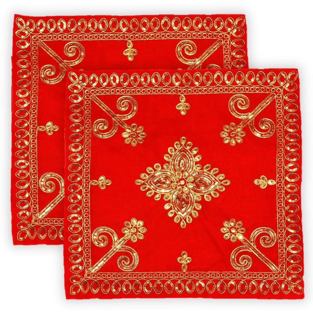 Bhakti Lehar 15 x 15 Inch Floral Design Embroidered Red Velvet Pooja ...
