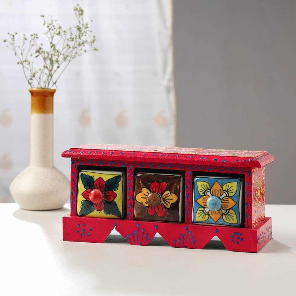 Bharat Handicrafted Wooden Mini Chest of Drawers 3 Ceramic Drawers Red ...