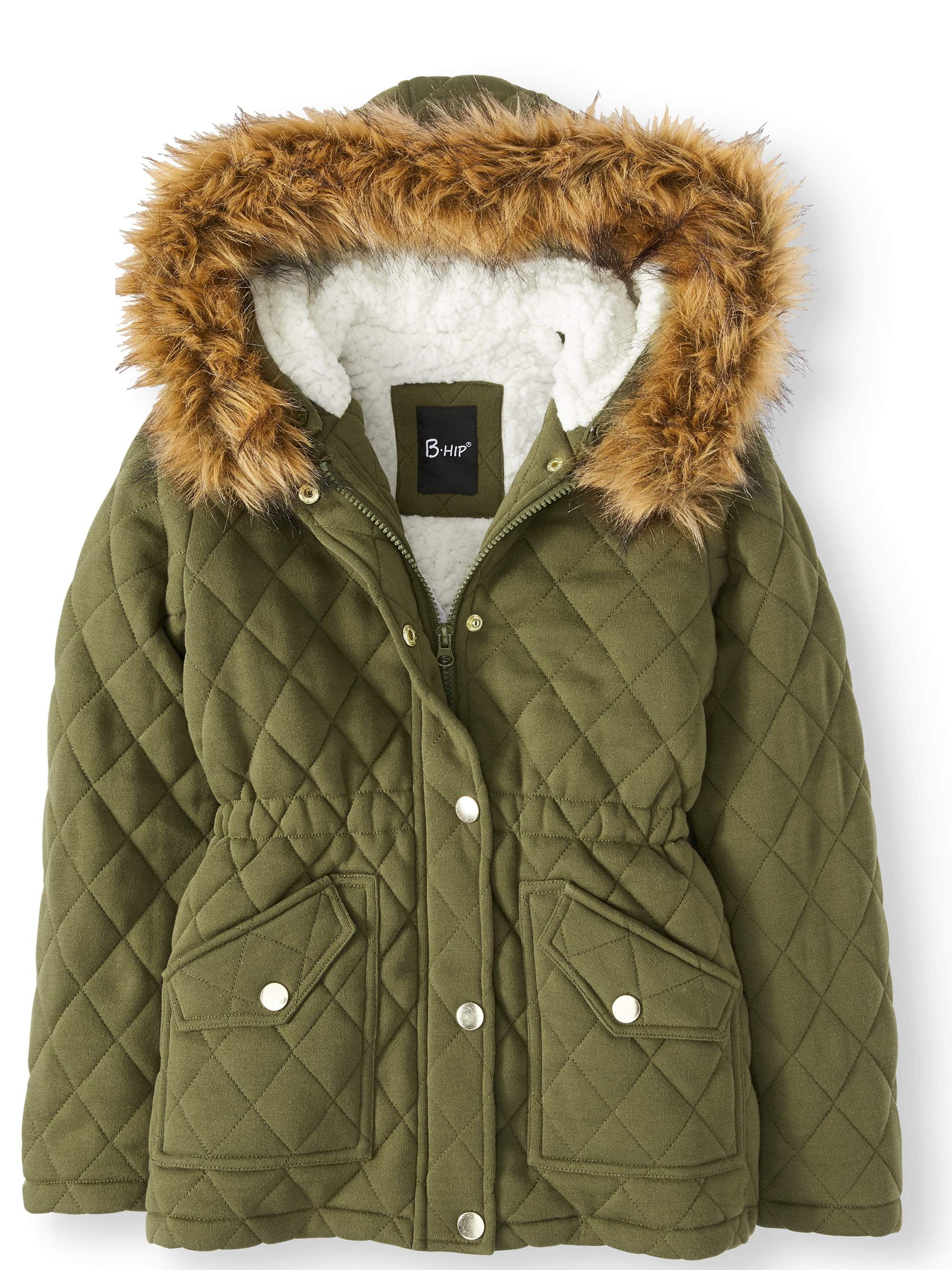 Bhip Girls Quilted Fleece Jacket with Hood and Removable Faux Fur Trim ...