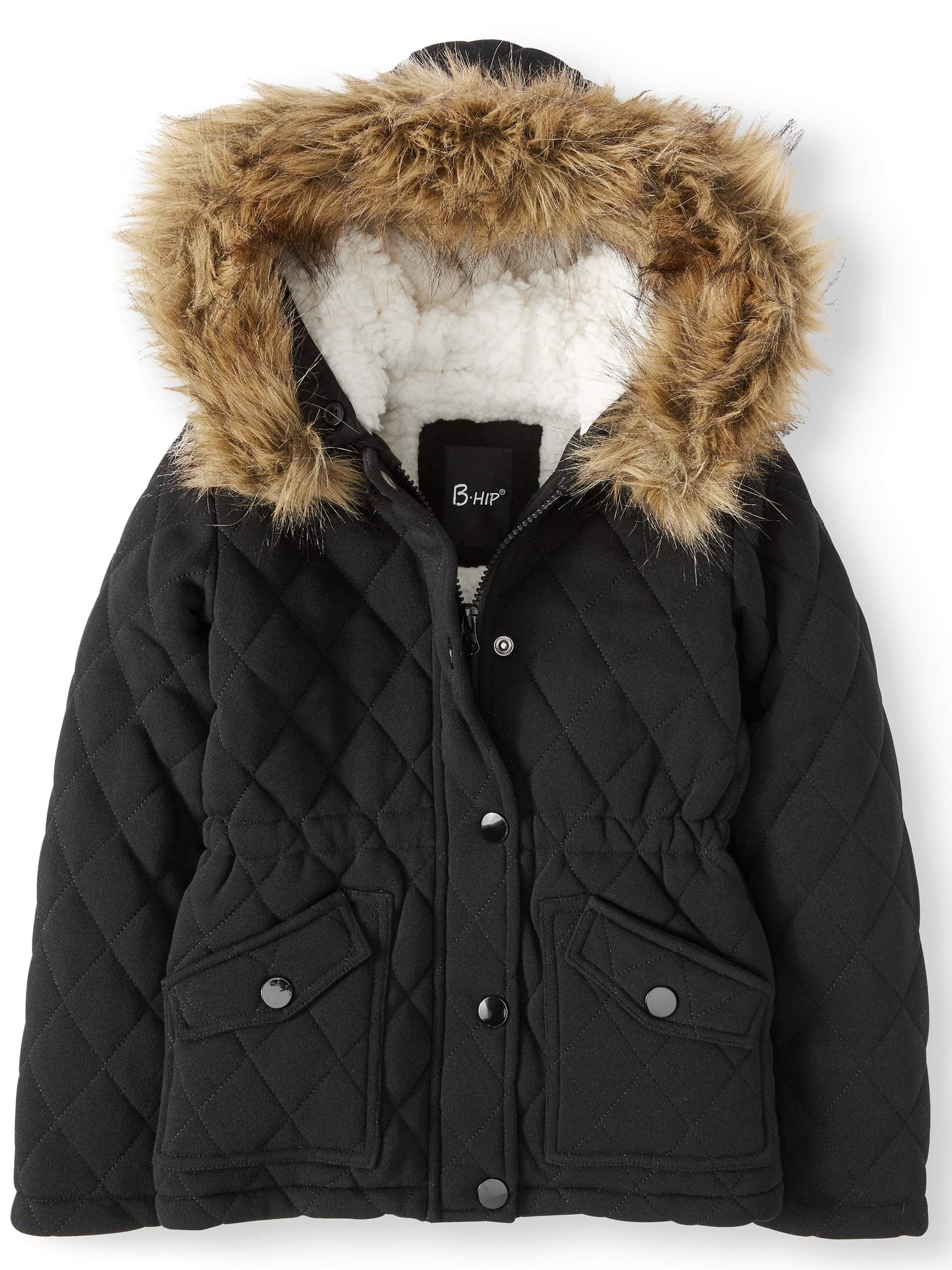 Bhip Girls Quilted Fleece Jacket with Hood and Removable Faux Fur Trim ...