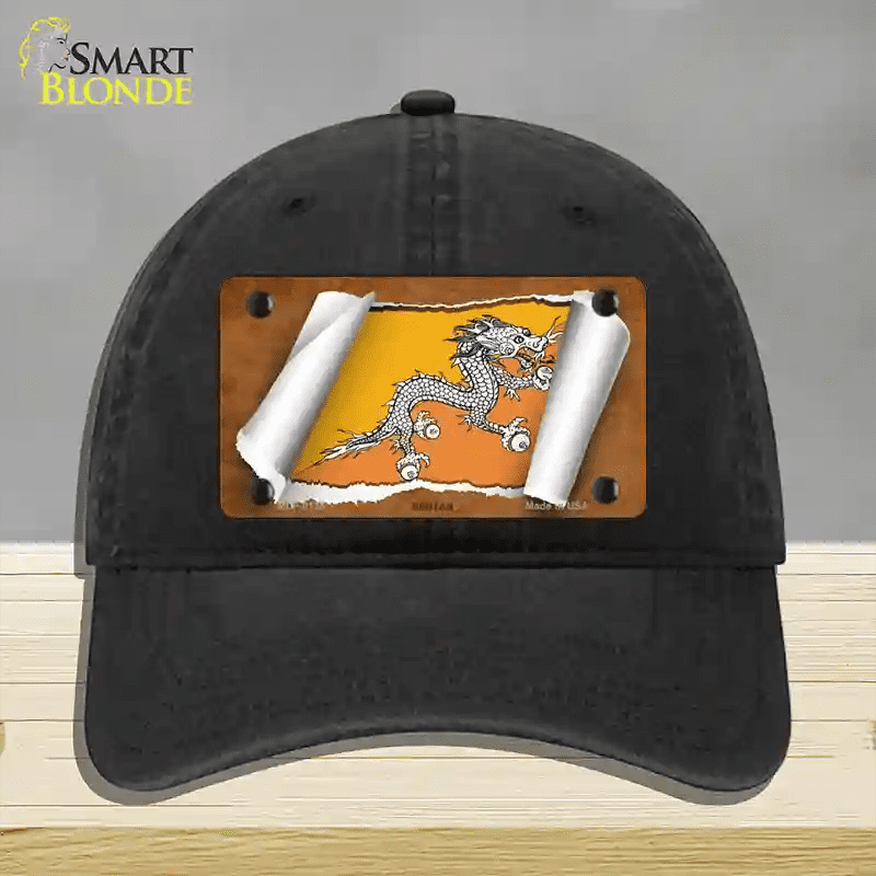 Bhutan Flag Scroll Novelty License Plate Hat Unconstructed Cotton Black ...