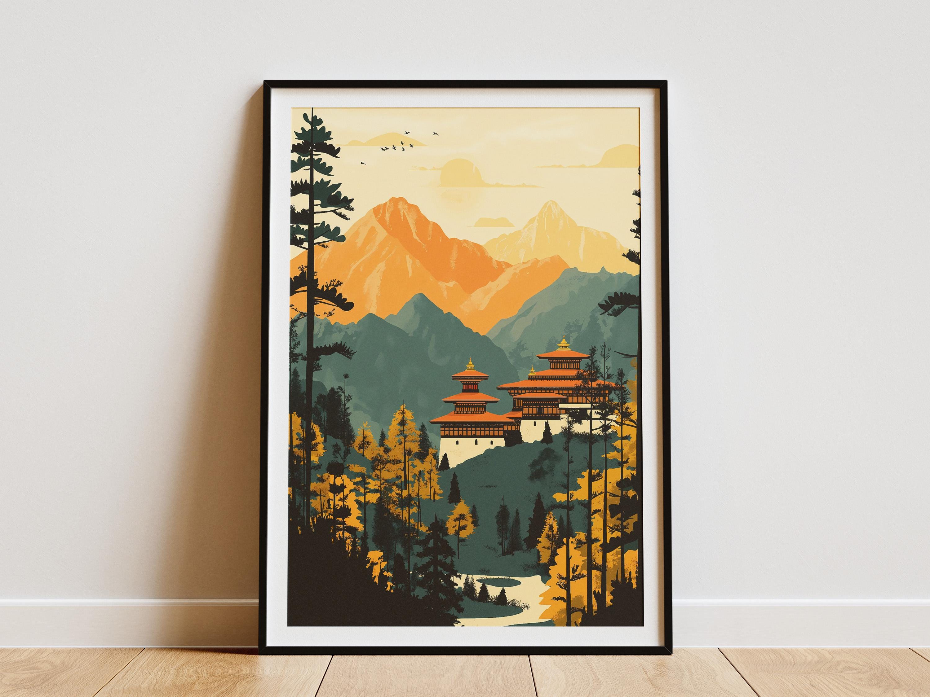 Bhutan Travel Poster Asian Mountain Range Art Print Vintage Style ...
