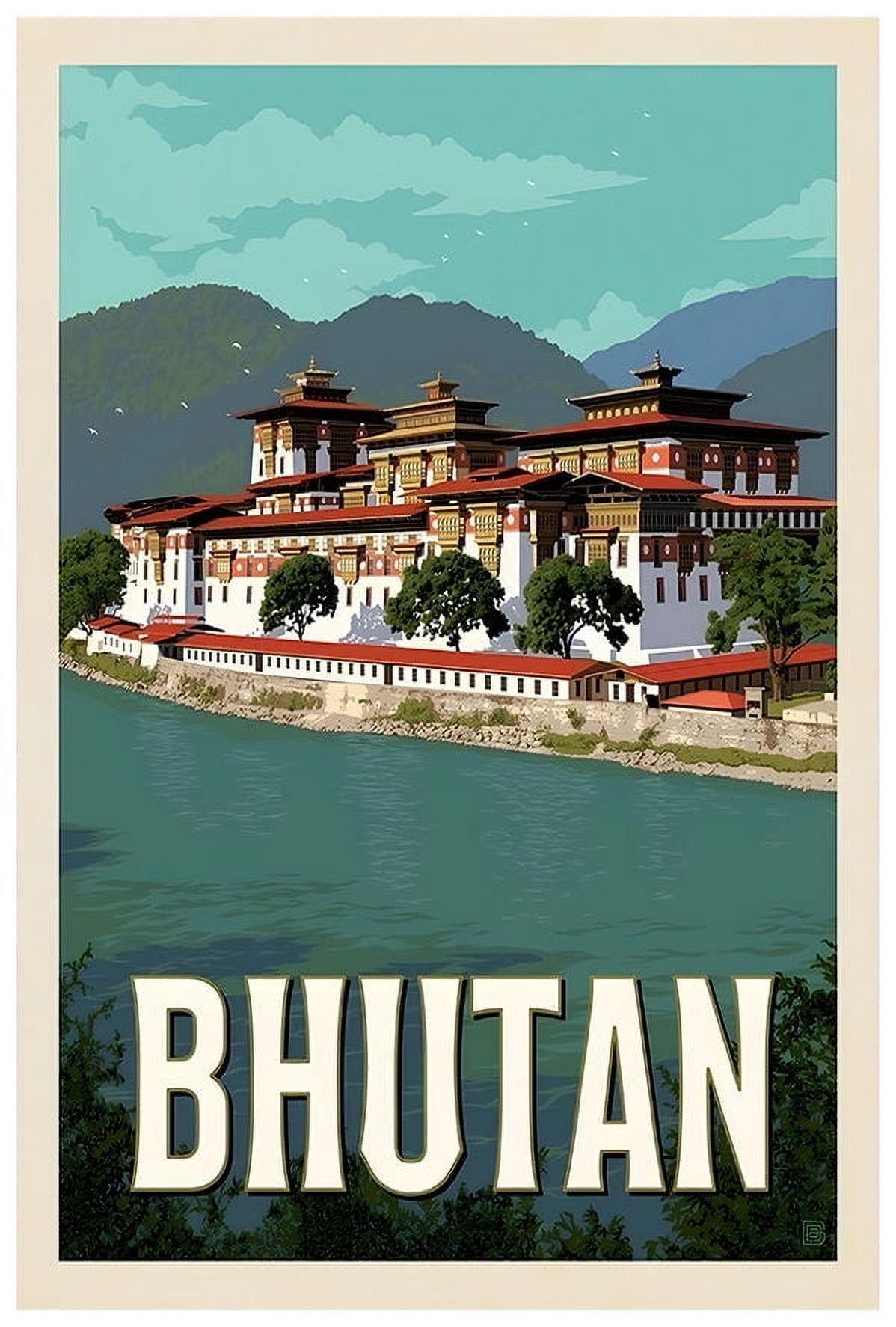 Bhutan - Vintage Travel Poster (12x18Inches(Black-Framed)) - Walmart.com