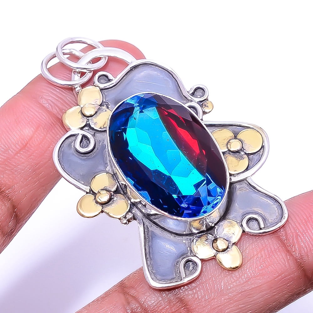 Bi-Colour Blue Topaz Oxidised Two Tone 925 Sterling Silver Pendant 2.34 ...