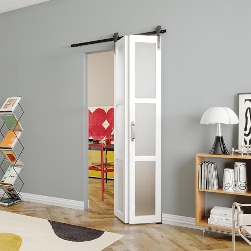 Bi-Fold Barn Door 24"（12" x2） x 84", 3-Lites Tempered Frosted Glass ...
