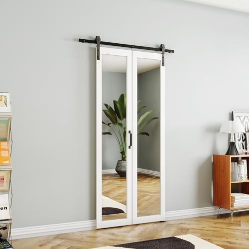 Bi-Fold Barn Door 36"（18" x2） x 84", 1 Lites Mirror Panel with Sliding ...