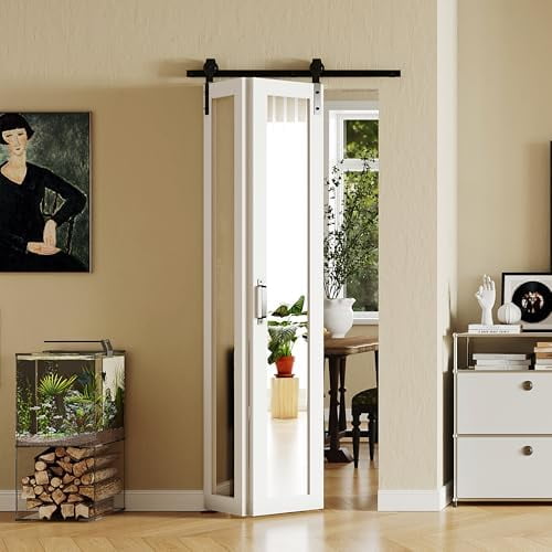 Bi-Fold Sliding Barn Door 30"（15" x2） x 84", 1 Lites Mirror Panel with ...