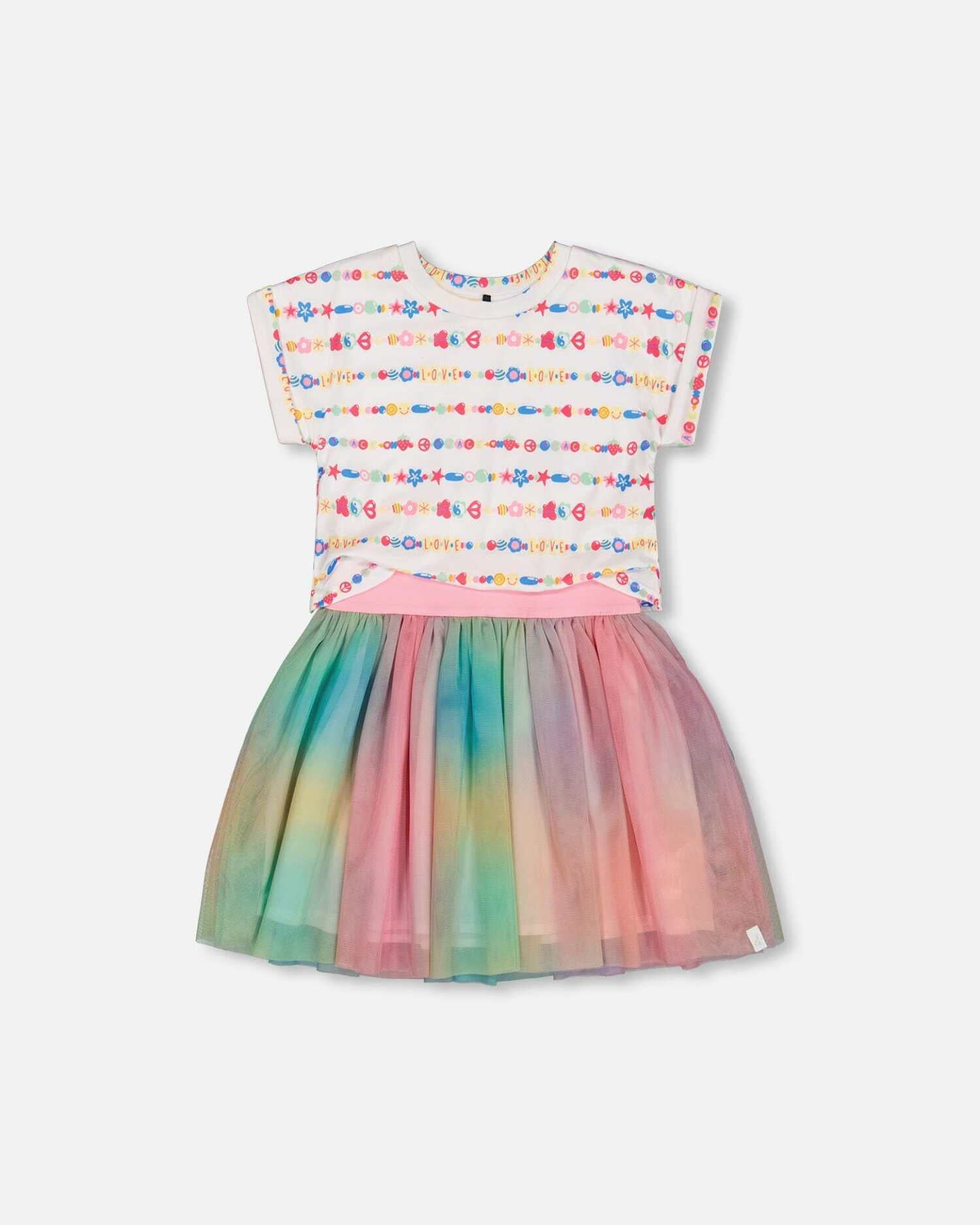 Bi-Material Dress With Mesh Skirt Multicolored Tie Dye And White ...