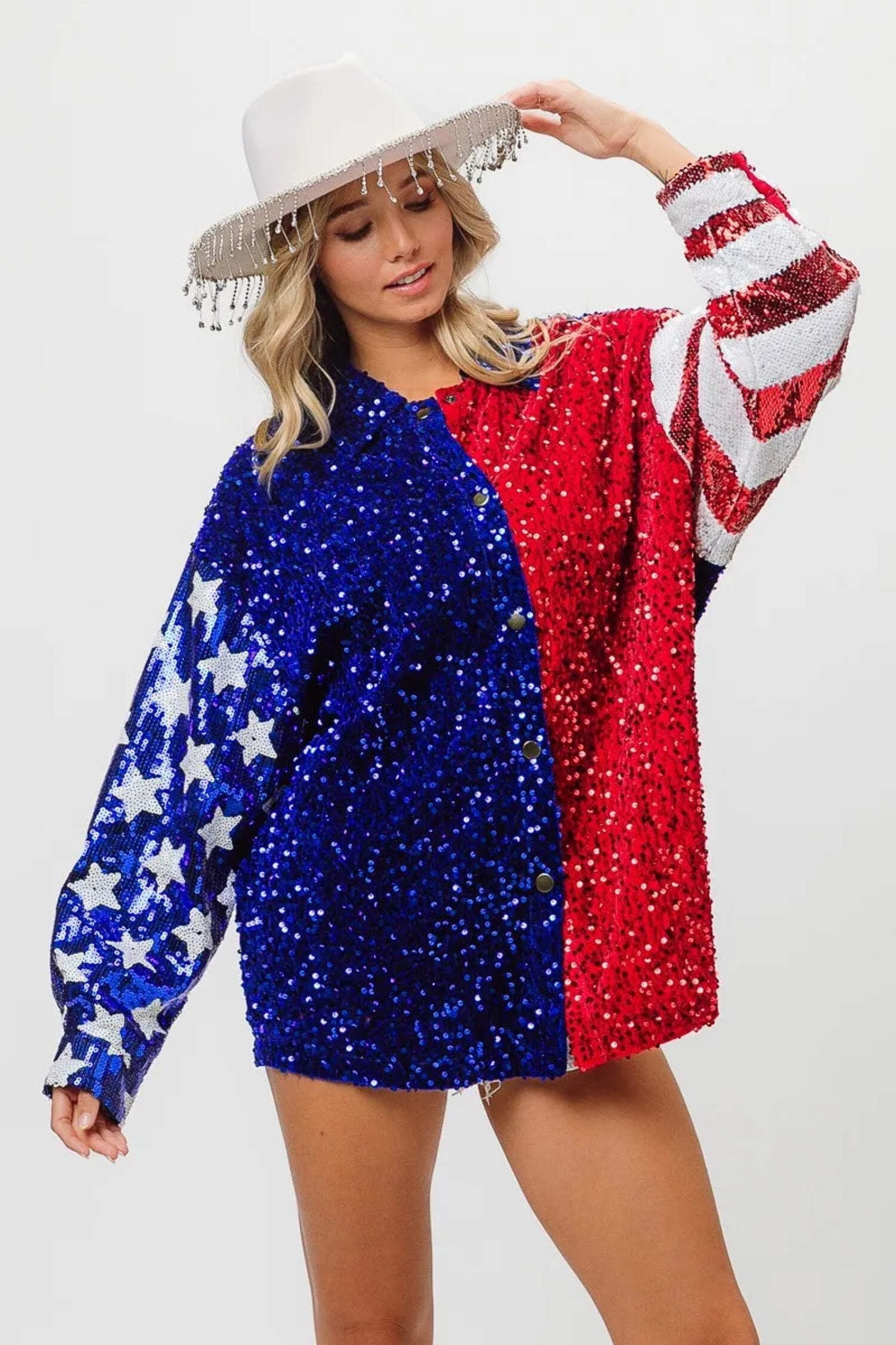 BiBi American Flag Sequin Snap Down Shirt - Walmart.com