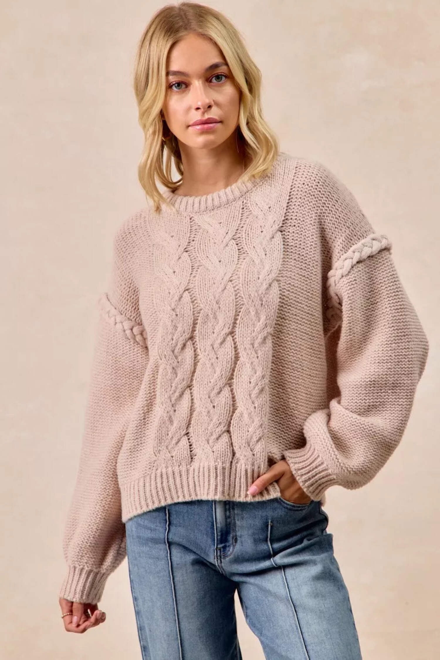 BiBi Cable Knit Sweater with Shoulder Braid Detail - Walmart.com