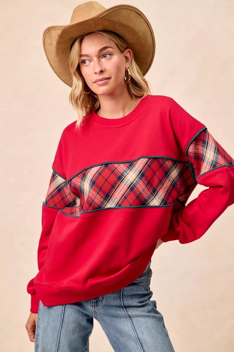 BiBi Christmas Theme Plaid Block Sweatshirt with Binding - RED - L ...