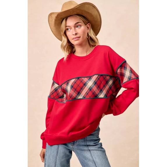 BiBi Christmas Theme Plaid Block Sweatshirt with Binding - RED - L ...
