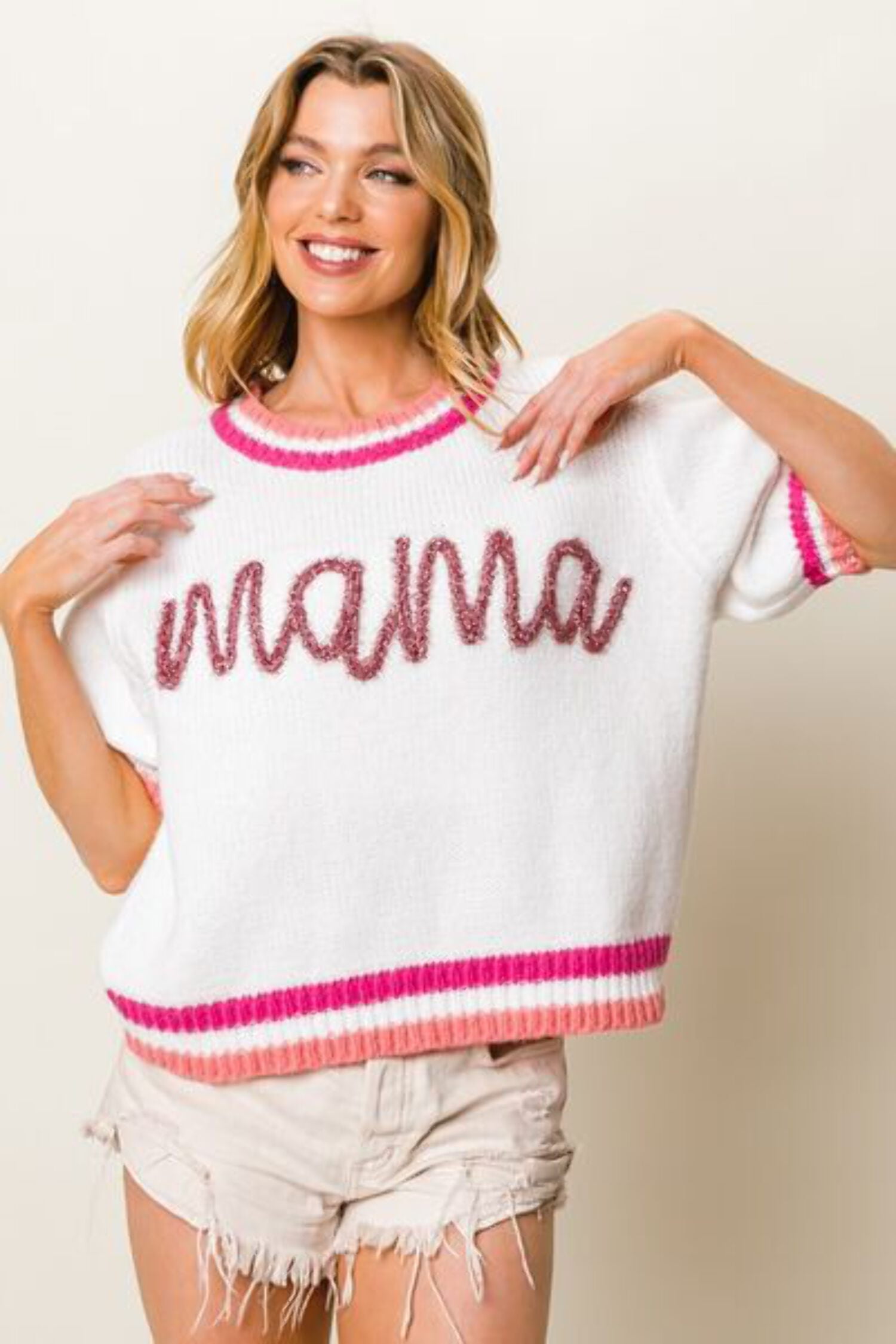 BiBi MAMA Contrast Trim Short Sleeve Sweater for Women - Walmart.com