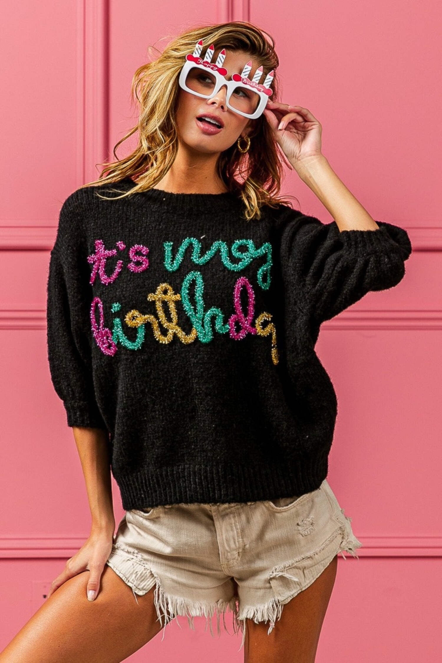BiBi Metallic Letter Puff Sleeve Hairy Sweater - Walmart.com