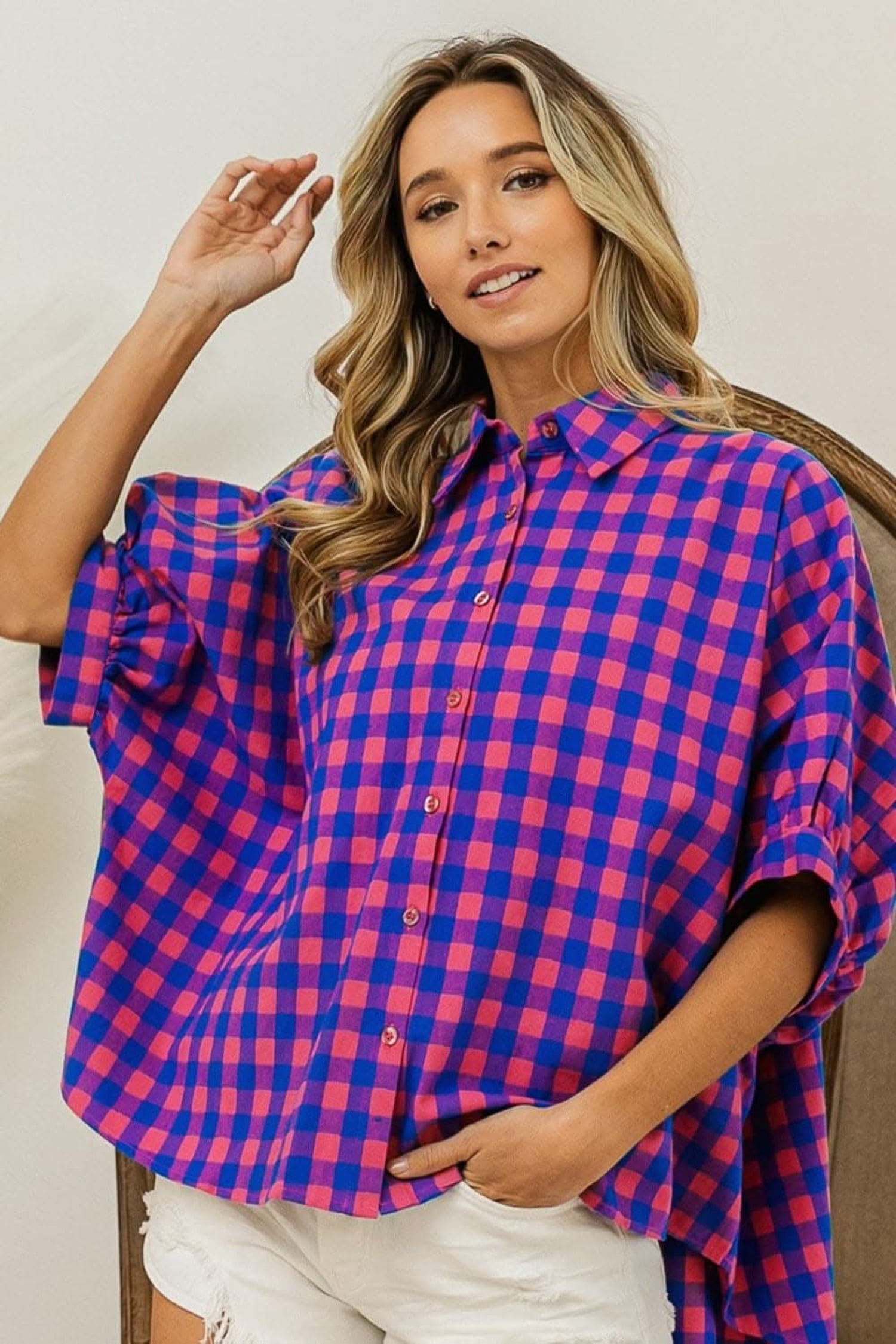 BiBi Plaid Button Up Dolman Sleeve Shirt for Women - Walmart.com