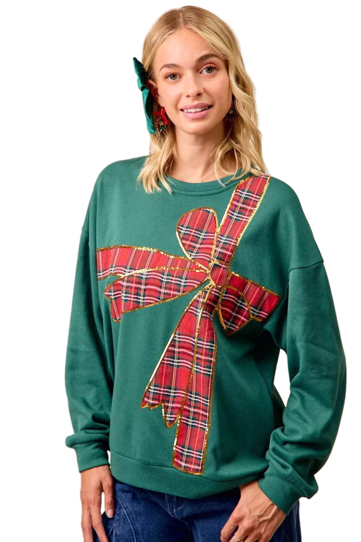 BiBi Plaid Ribbon Bow Detail Christmas Fleece Pullover - Walmart.com