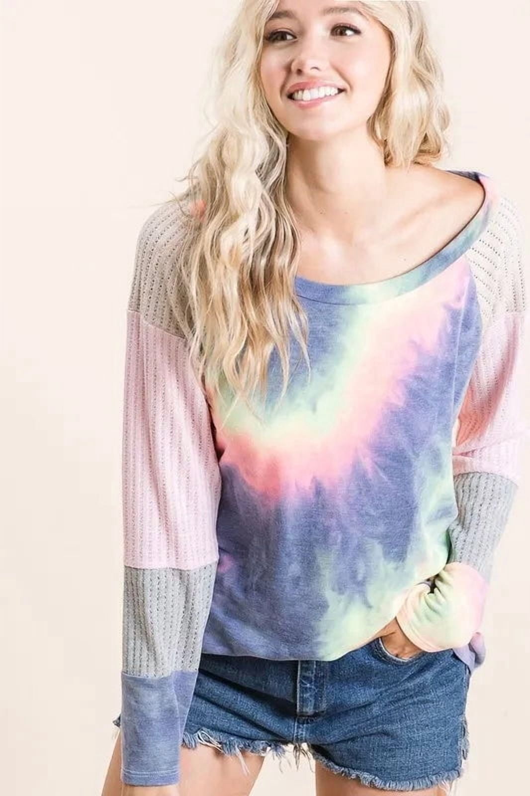 BiBi Tie Dye Terry Top With Color Block Pointelle Knit - Walmart.com